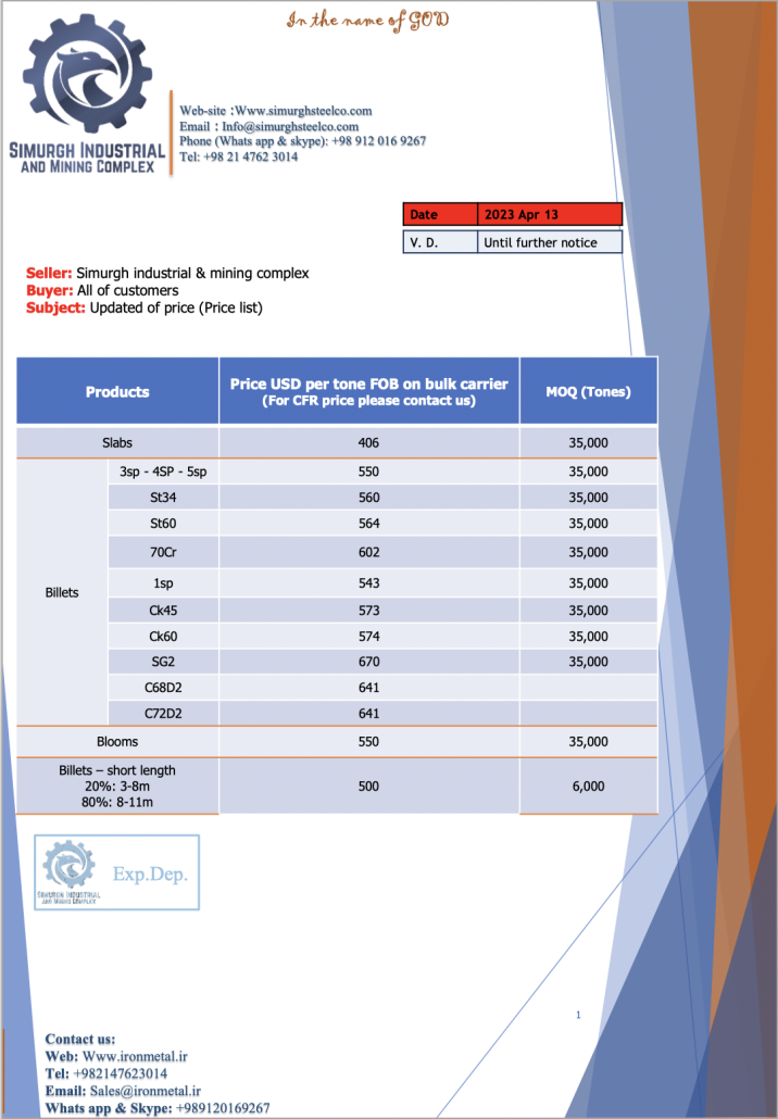 steel billet price list - Simurgh Industrial & Mining Co